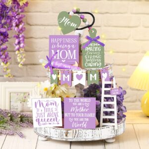 15 Pcs Mother's Day Tiered Tray Decor Happy Mother's Day Lavender Wood Signs Farmhouse Decorations Wooden Heart Bead Garland with LED String Lights for Mothers Gift Tabletop, Purple, Green