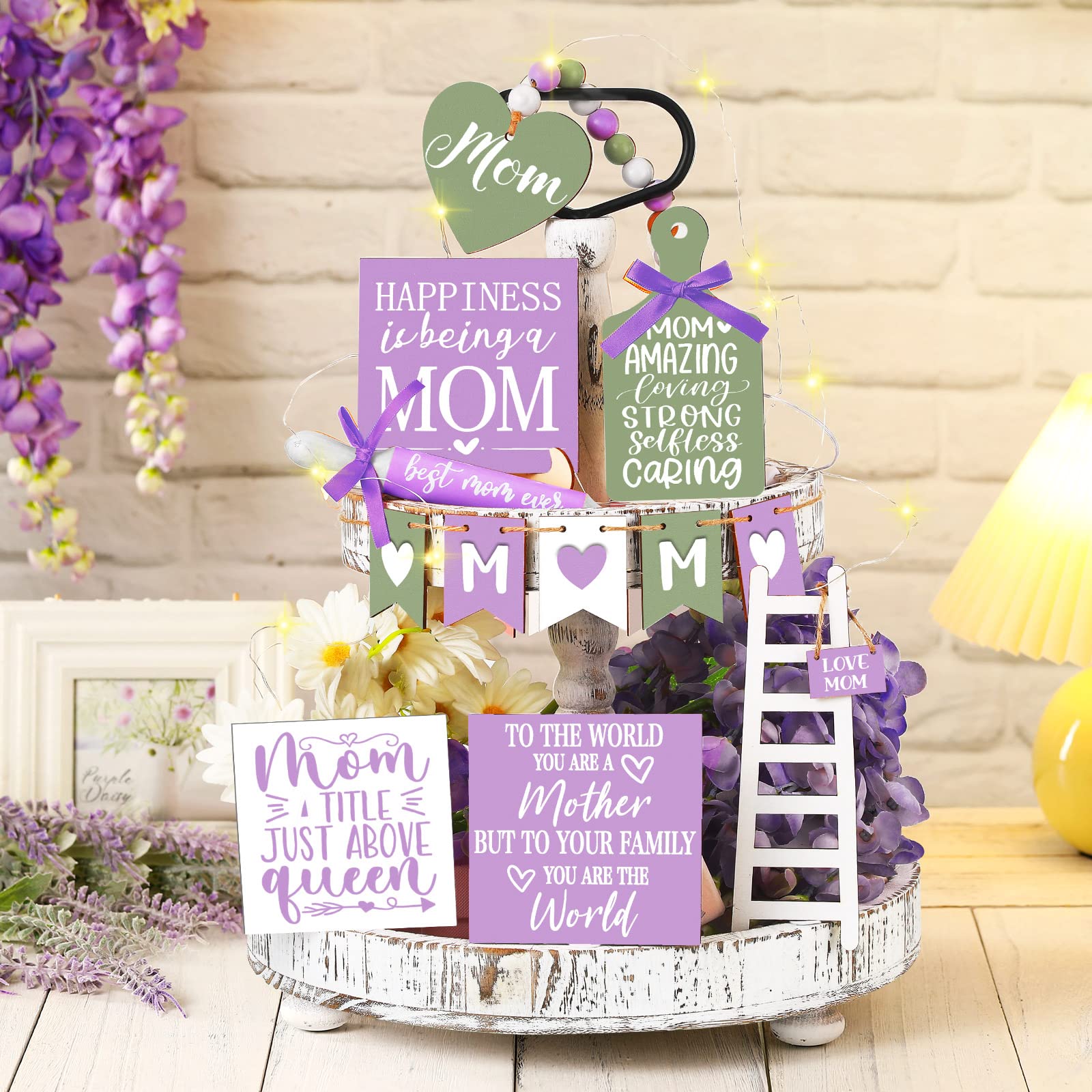 15 Pcs Mother's Day Tiered Tray Decor Happy Mother's Day Lavender Wood Signs Farmhouse Decorations Wooden Heart Bead Garland with LED String Lights for Mothers Gift Tabletop, Purple, Green