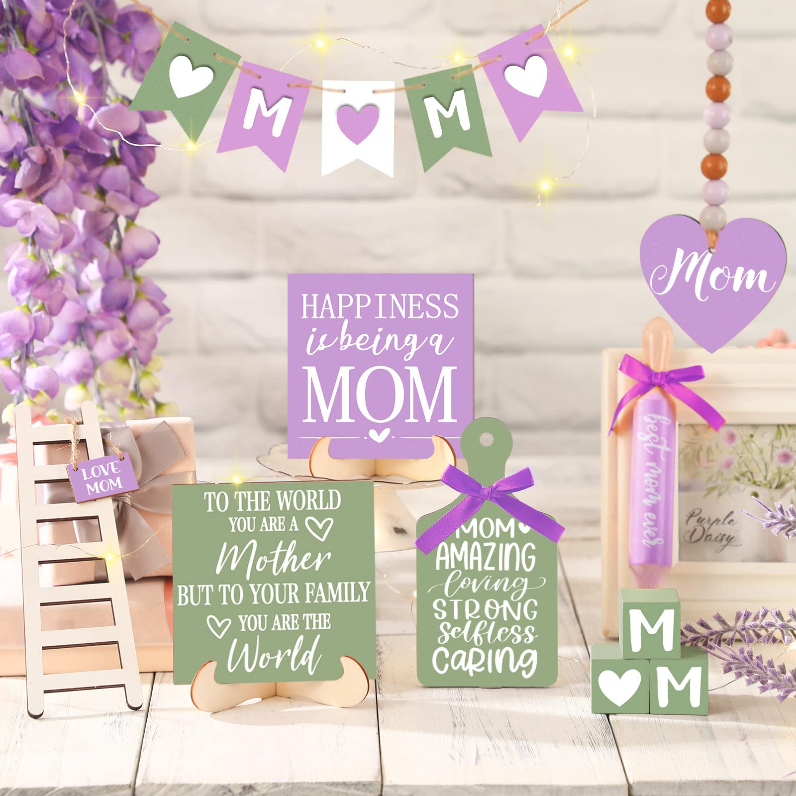 15 Pcs Mother's Day Tiered Tray Decor Happy Mother's Day Lavender Wood Signs Farmhouse Decorations Wooden Heart Bead Garland with LED String Lights for Mothers Gift Tabletop, Purple, Green