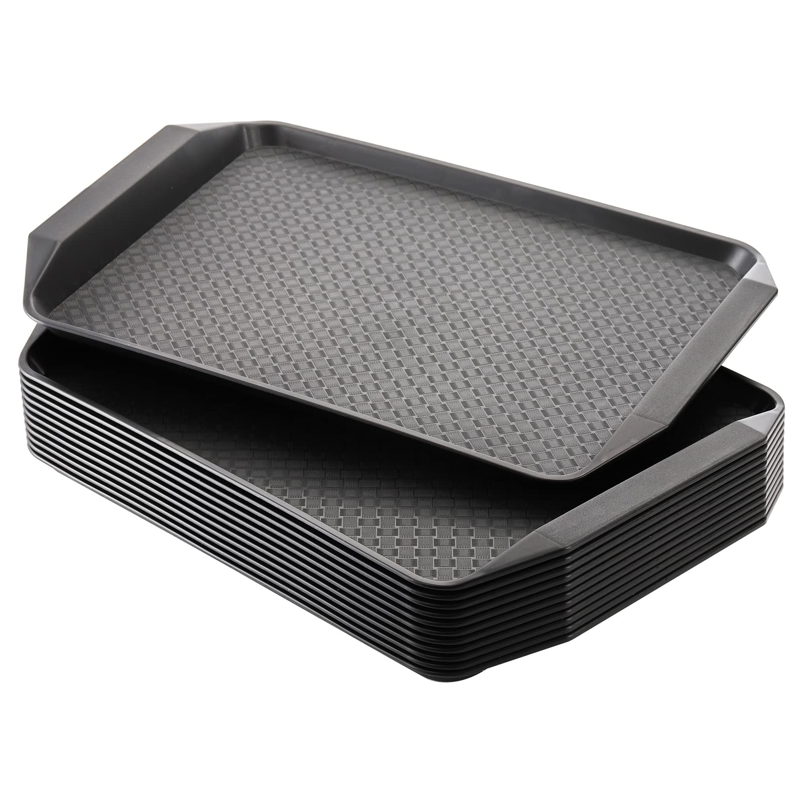 Cedilis 12 Pack Black Plastic Fast Food Trays for Eating, 17IN x 11.7IN Serving Trays with Handles, Rectangular Non Skid Multi-Purpose Plastic Tray for Restaurant, Parties, Coffee Table, Kitchen