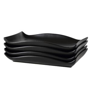 bruntmor appetizer plate set of 4 elegant matte 10"x7" rectangular curvy ceramic restaurant christmas platter | serving inner fluted dessert salad plates, christmas eve - black.