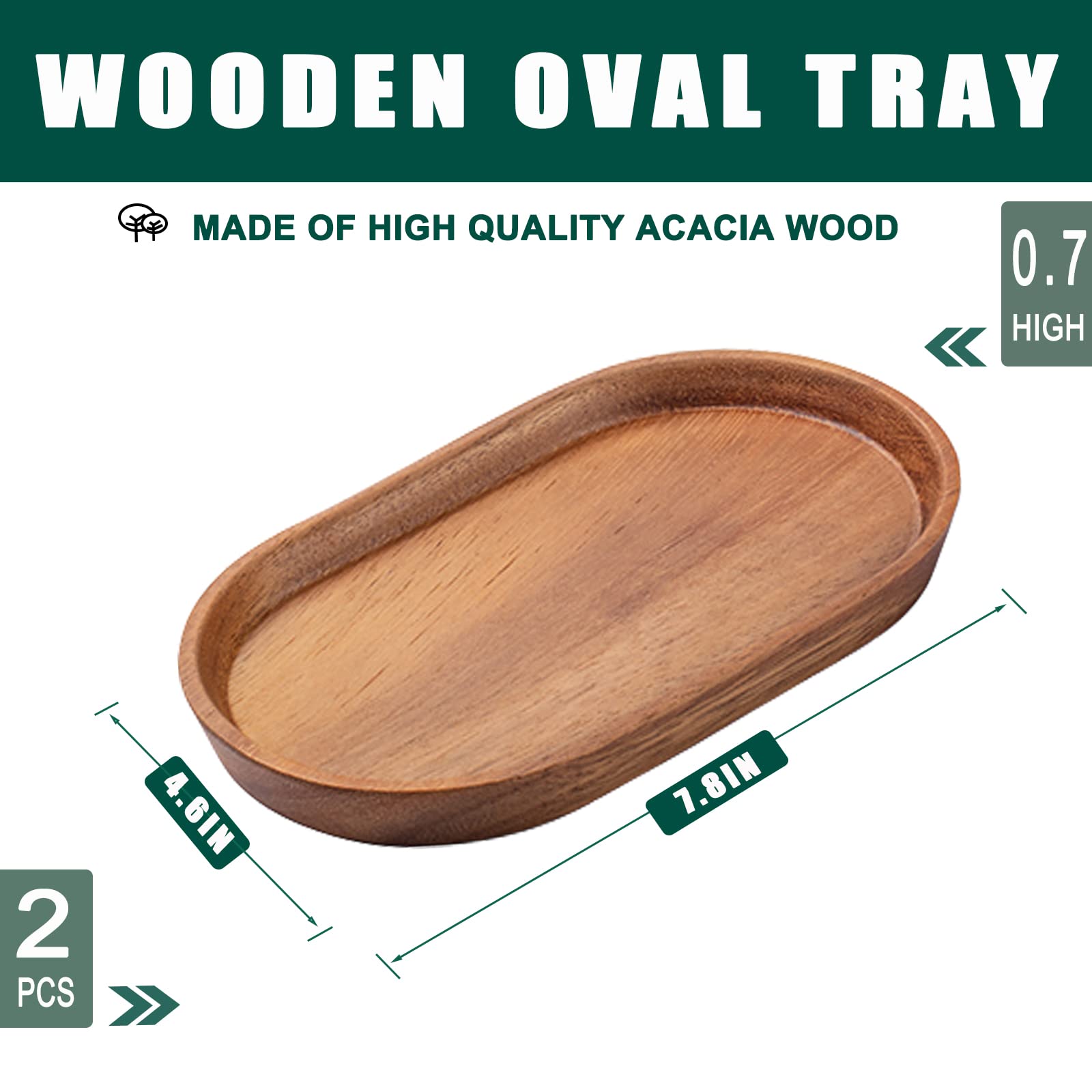 Vandroop Mini Serving Trays for Parties, Small Tray for Tea＆Coffee, Oval Wooden Plates for Serving Food, Decorative Tray for Appetizer＆Vegetables, Tray for Bathroom 7.8"×4.6" (Acacia, Set of 2)