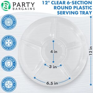 PARTY BARGAINS 12" Round Plastic Serving Tray, 6-Sections, Clear, Pack of 4