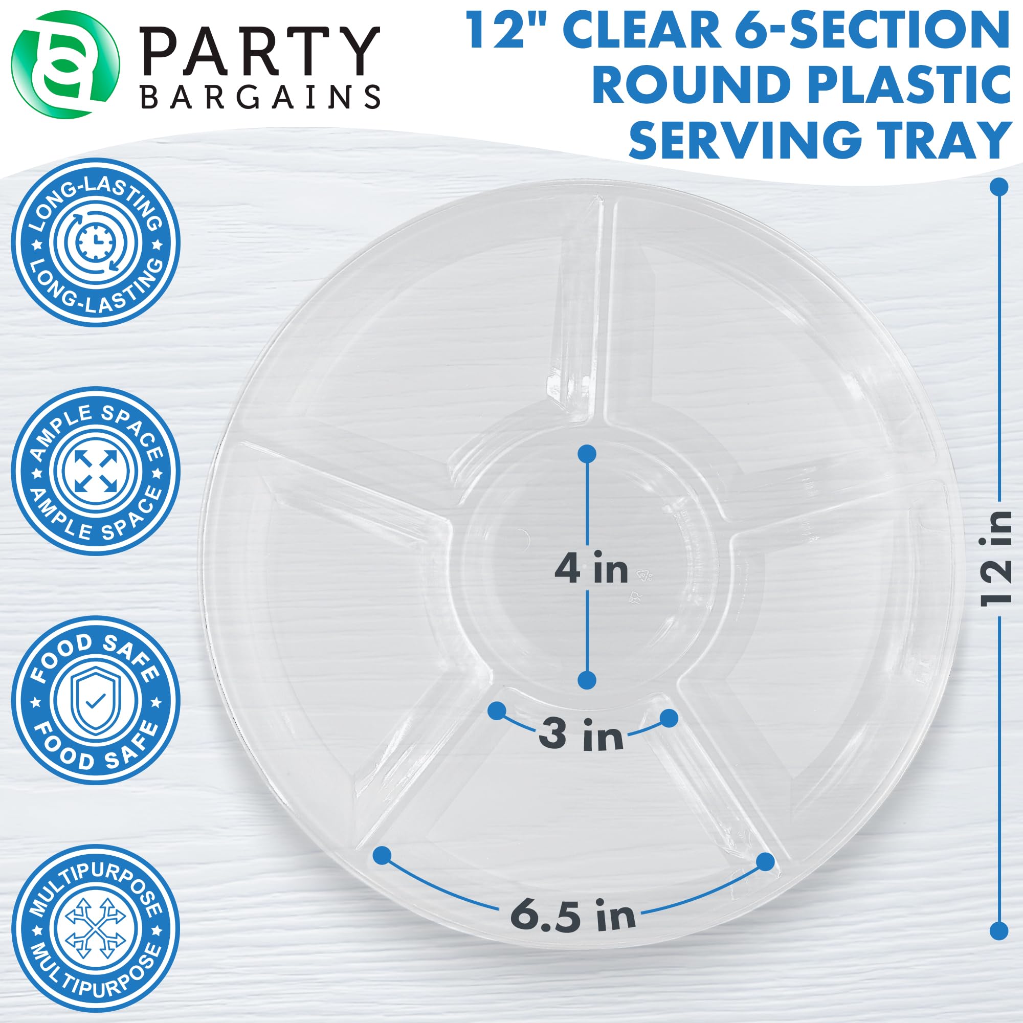 PARTY BARGAINS 12" Round Plastic Serving Tray, 6-Sections, Clear, Pack of 4