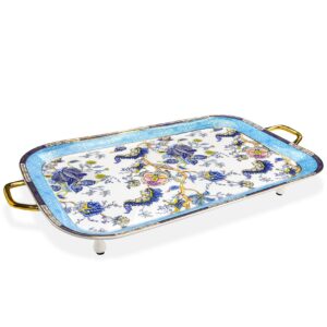 acmlife tea serving tray set, 21 inches bone china tray tea tray with handles, blue fine ceramic decorative serving tray platter with golden rim for tea sets, living room, gift (blue)