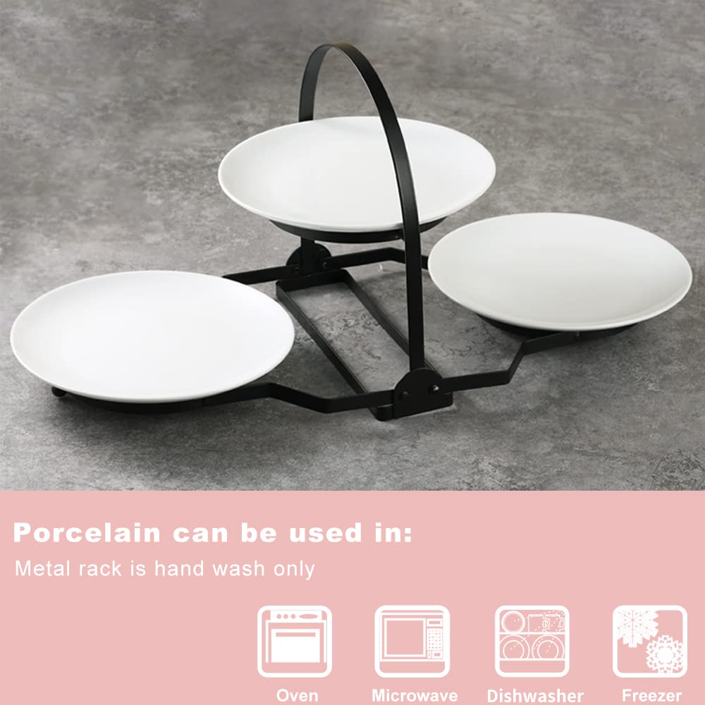 Buyajuju Tier Round Plate with Stand, Procelain Serving Tray for Cake Dessert Fruit Display, Durable 3 Tier Serving Stand, Ceramic White Serving Platters