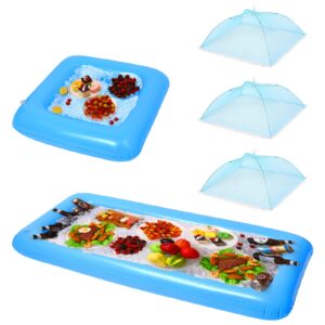 hemoton 1 set 2pcs inflatable pool serving bar and 3pcs mesh food tent set drinking buffet tray inflatable ice serving buffet bar drinks cooler tray with drain plug (blue)