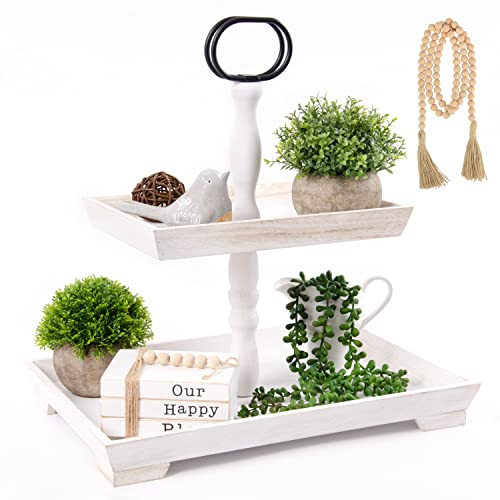 Perfnique Tiered Tray Stand, White Wooden 2 Tier Tray with 58in Wood Bead Garland, Serving Tray, Farmhouse Rustic Home Kitchen Decor, Morden Decorations Set for Shelf Coffee Bar Table (White)