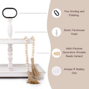 Perfnique Tiered Tray Stand, White Wooden 2 Tier Tray with 58in Wood Bead Garland, Serving Tray, Farmhouse Rustic Home Kitchen Decor, Morden Decorations Set for Shelf Coffee Bar Table (White)