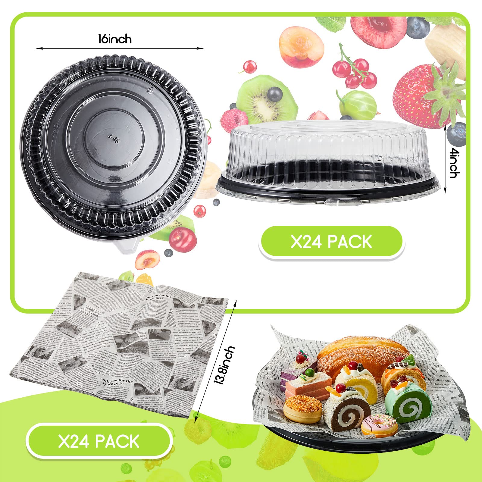 Tessco 24 Pcs 16 Inch Plastic Catering Trays with Lids and 48 Pcs Deli Wax Paper Sheets Set Large Veggie Tray Black Serving Trays for Party Sandwich Wrapping Paper Round Food Cookie Platter