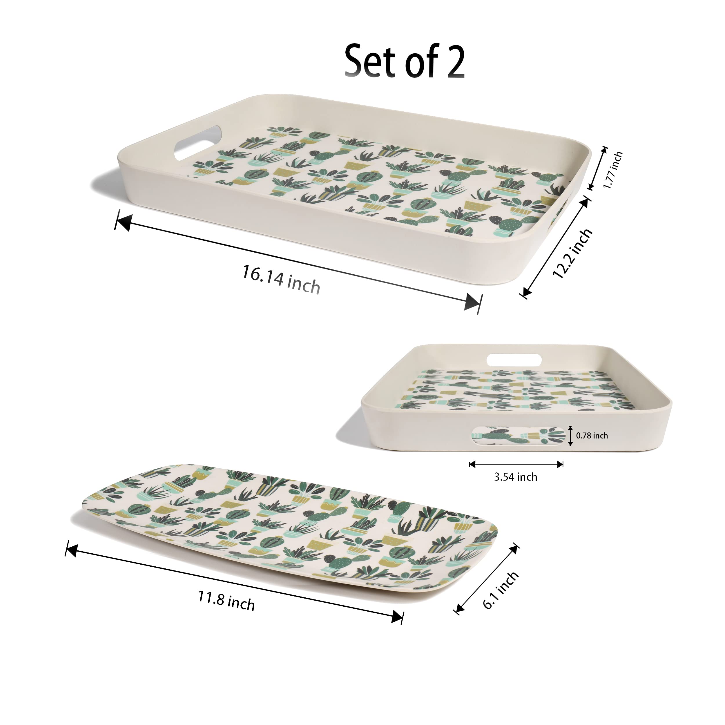 Finorder Serving Trays, Bamboo Fiber Tray with Handles, 16" x 12" Decorative Tray Great for Eating, Tea, Bar, Breakfast or Any Food Tray, Green Cactus Prints