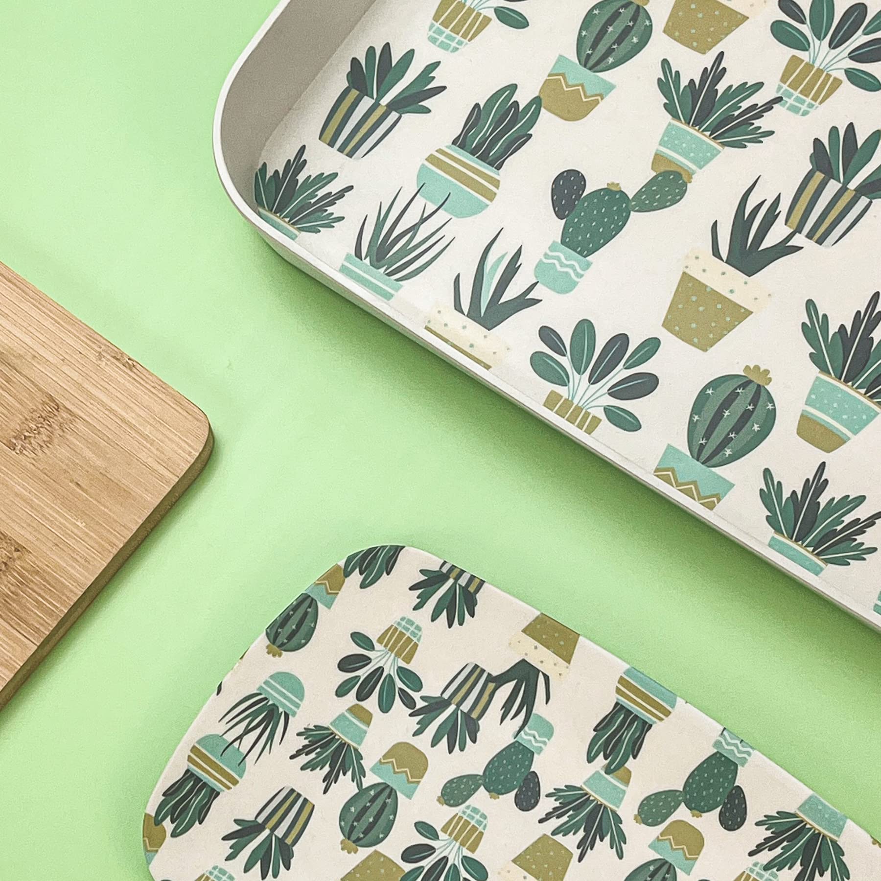 Finorder Serving Trays, Bamboo Fiber Tray with Handles, 16" x 12" Decorative Tray Great for Eating, Tea, Bar, Breakfast or Any Food Tray, Green Cactus Prints