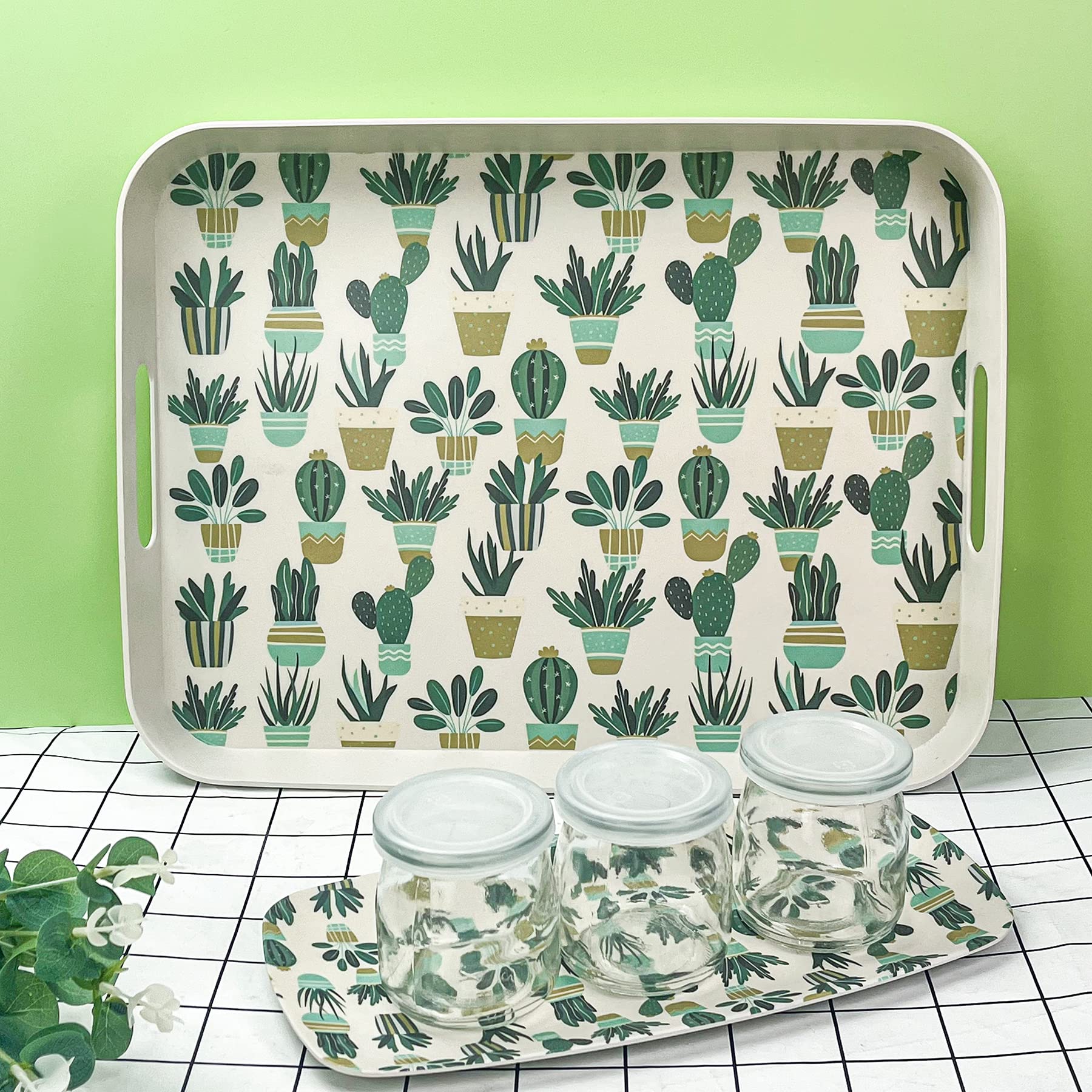 Finorder Serving Trays, Bamboo Fiber Tray with Handles, 16" x 12" Decorative Tray Great for Eating, Tea, Bar, Breakfast or Any Food Tray, Green Cactus Prints