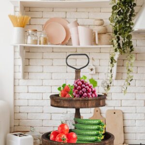 Tiered Tray Decor, Farmhouse Tiered Tray Round Brown Wooden Rustic Ornaments, Two Tiered Tray for Coffee Plate Cakes Dessert Fruit Platters