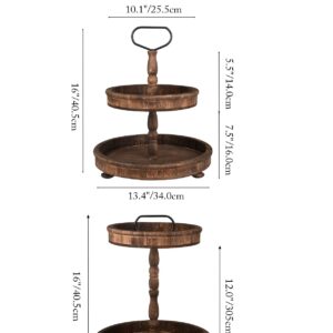 Tiered Tray Decor, Farmhouse Tiered Tray Round Brown Wooden Rustic Ornaments, Two Tiered Tray for Coffee Plate Cakes Dessert Fruit Platters