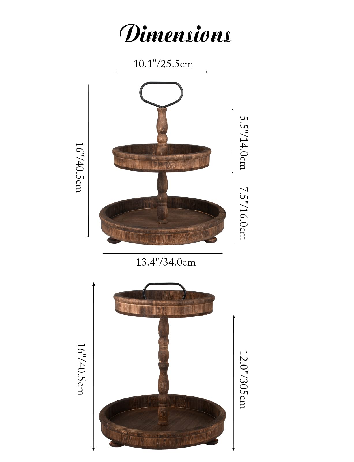 Tiered Tray Decor, Farmhouse Tiered Tray Round Brown Wooden Rustic Ornaments, Two Tiered Tray for Coffee Plate Cakes Dessert Fruit Platters