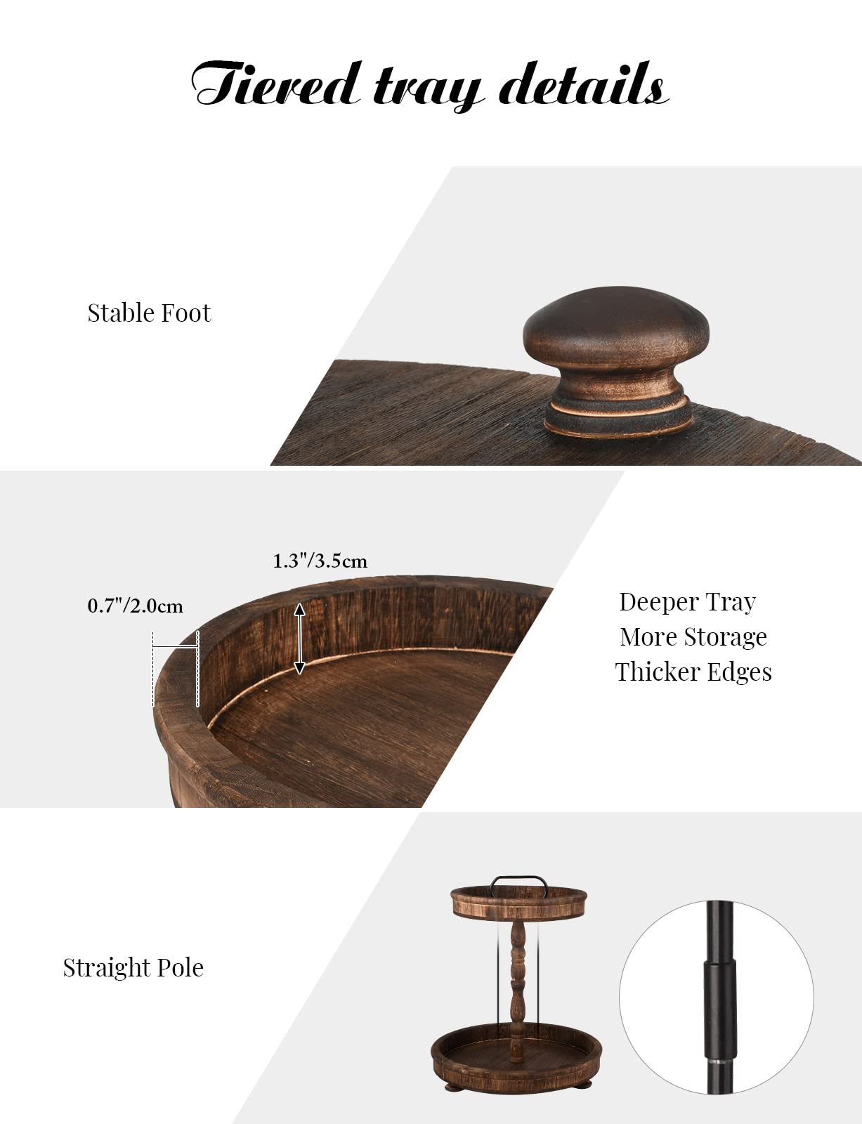 Tiered Tray Decor, Farmhouse Tiered Tray Round Brown Wooden Rustic Ornaments, Two Tiered Tray for Coffee Plate Cakes Dessert Fruit Platters