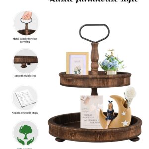 Tiered Tray Decor, Farmhouse Tiered Tray Round Brown Wooden Rustic Ornaments, Two Tiered Tray for Coffee Plate Cakes Dessert Fruit Platters