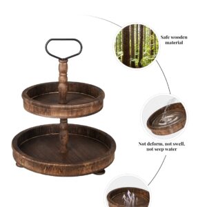 Tiered Tray Decor, Farmhouse Tiered Tray Round Brown Wooden Rustic Ornaments, Two Tiered Tray for Coffee Plate Cakes Dessert Fruit Platters