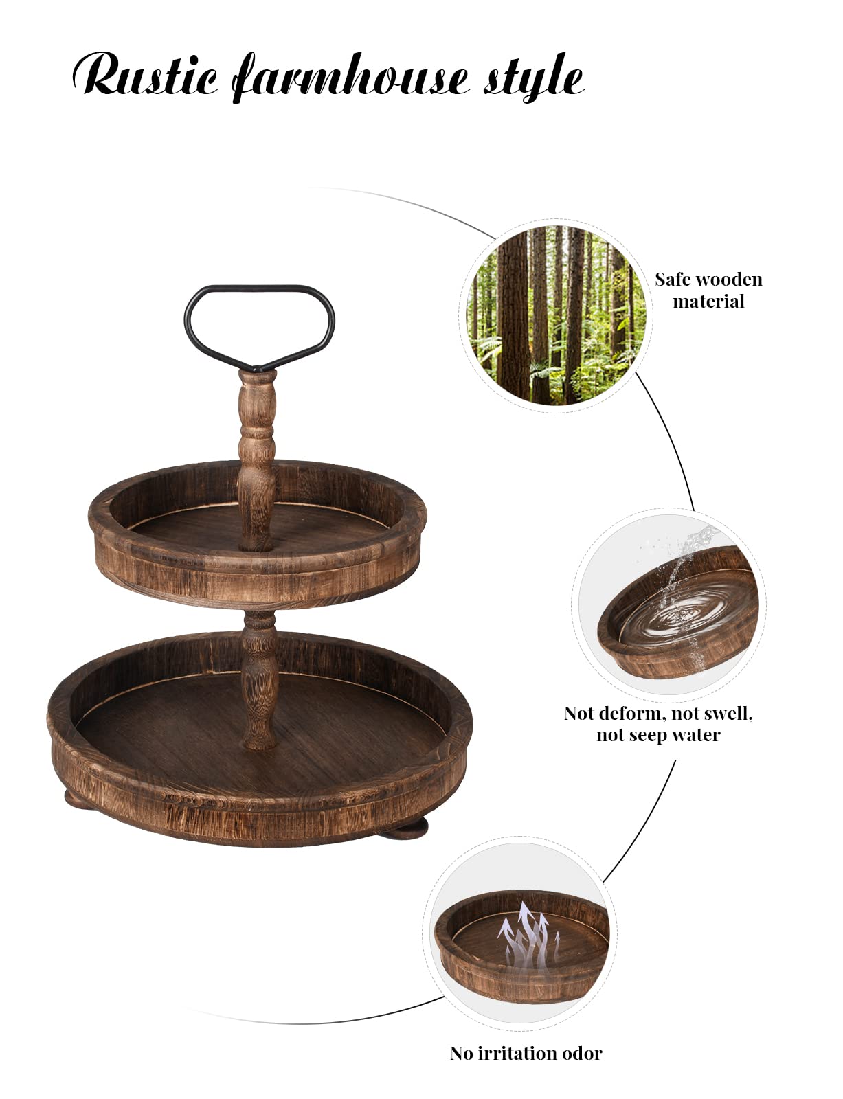 Tiered Tray Decor, Farmhouse Tiered Tray Round Brown Wooden Rustic Ornaments, Two Tiered Tray for Coffee Plate Cakes Dessert Fruit Platters