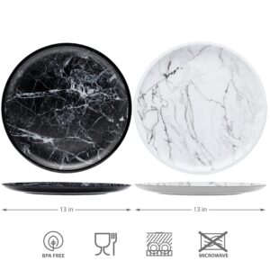 BZYOO 13 inch Melamine Plastic Marble Round Platter Food Serving Tray Durable Dishwasher Safe Indoor and Outdoor Dining Party Cocktails (Set of 2, Black & White)