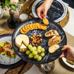 BZYOO 13 inch Melamine Plastic Marble Round Platter Food Serving Tray Durable Dishwasher Safe Indoor and Outdoor Dining Party Cocktails (Set of 2, Black & White)