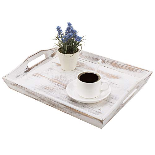 MyGift 16-inch Whitewashed Wood Decorative Serving Tray with Handles, Rectangular Breakfast OttomanTray