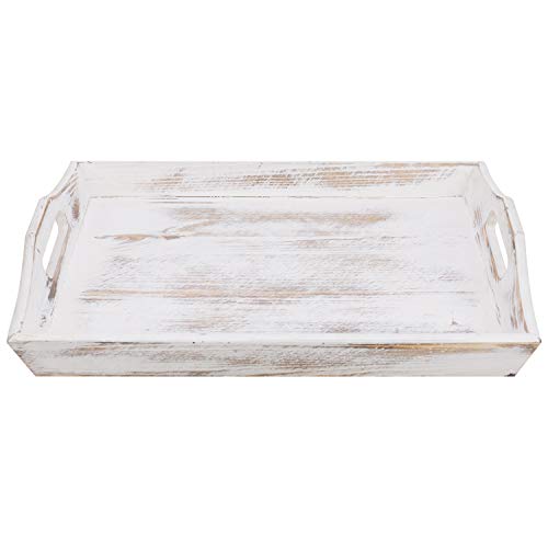 MyGift 16-inch Whitewashed Wood Decorative Serving Tray with Handles, Rectangular Breakfast OttomanTray