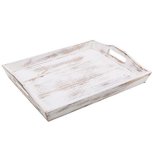 MyGift 16-inch Whitewashed Wood Decorative Serving Tray with Handles, Rectangular Breakfast OttomanTray