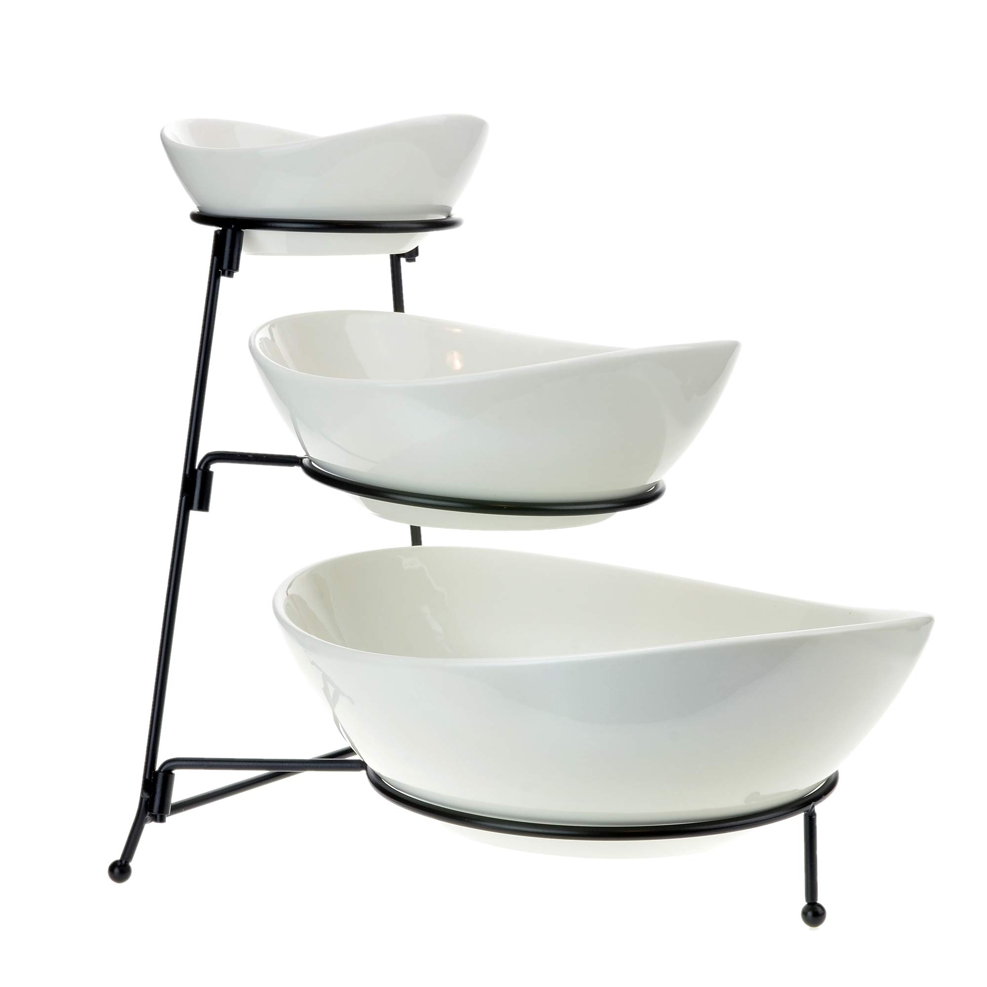 Roe & Moe 3 Tier Serving Stand Ceramic Bowl Set with Metal Rack, Tiered Bowls for Parties Candy Appetizer Dessert Fruit Cake Veggies Chips & Dip