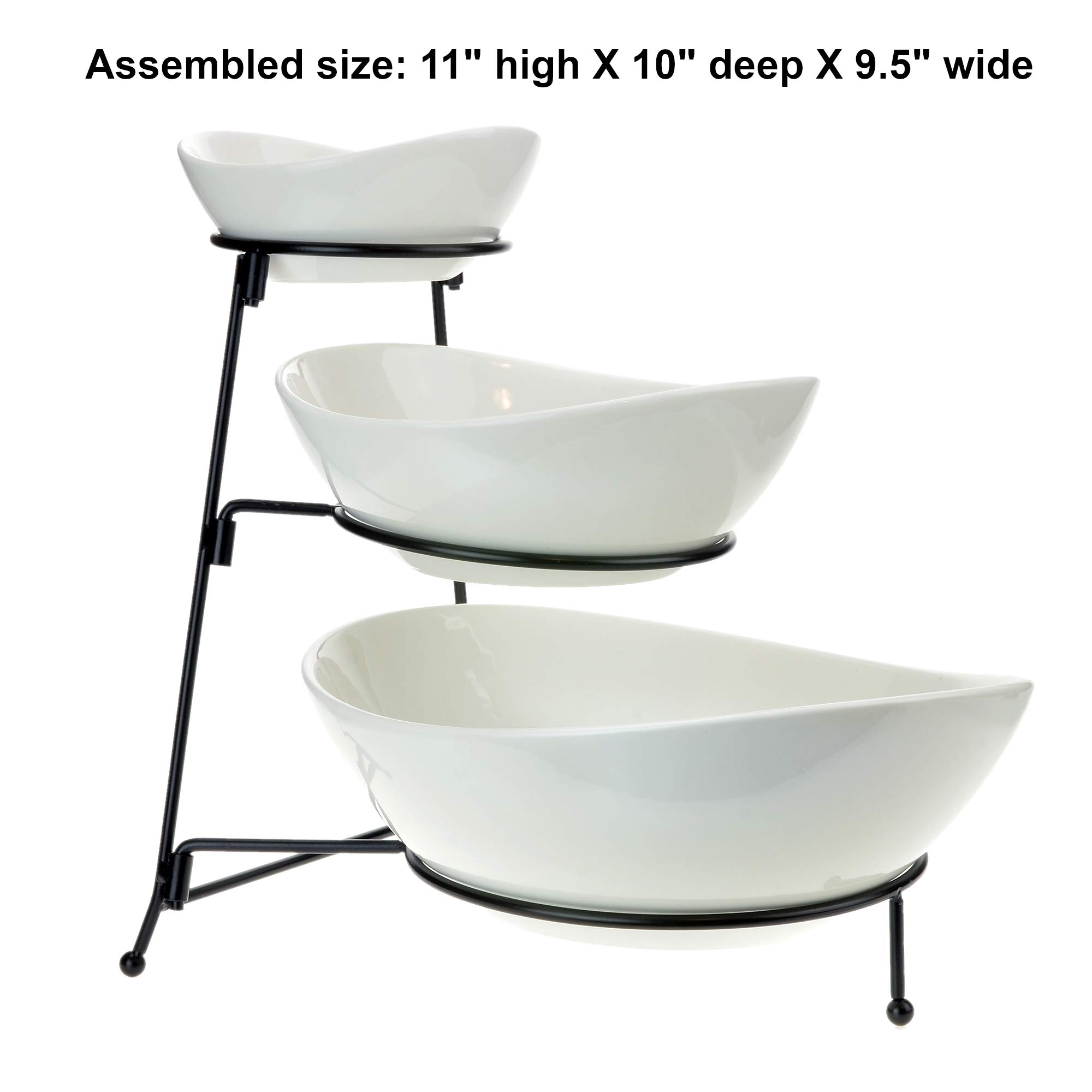 Roe & Moe 3 Tier Serving Stand Ceramic Bowl Set with Metal Rack, Tiered Bowls for Parties Candy Appetizer Dessert Fruit Cake Veggies Chips & Dip