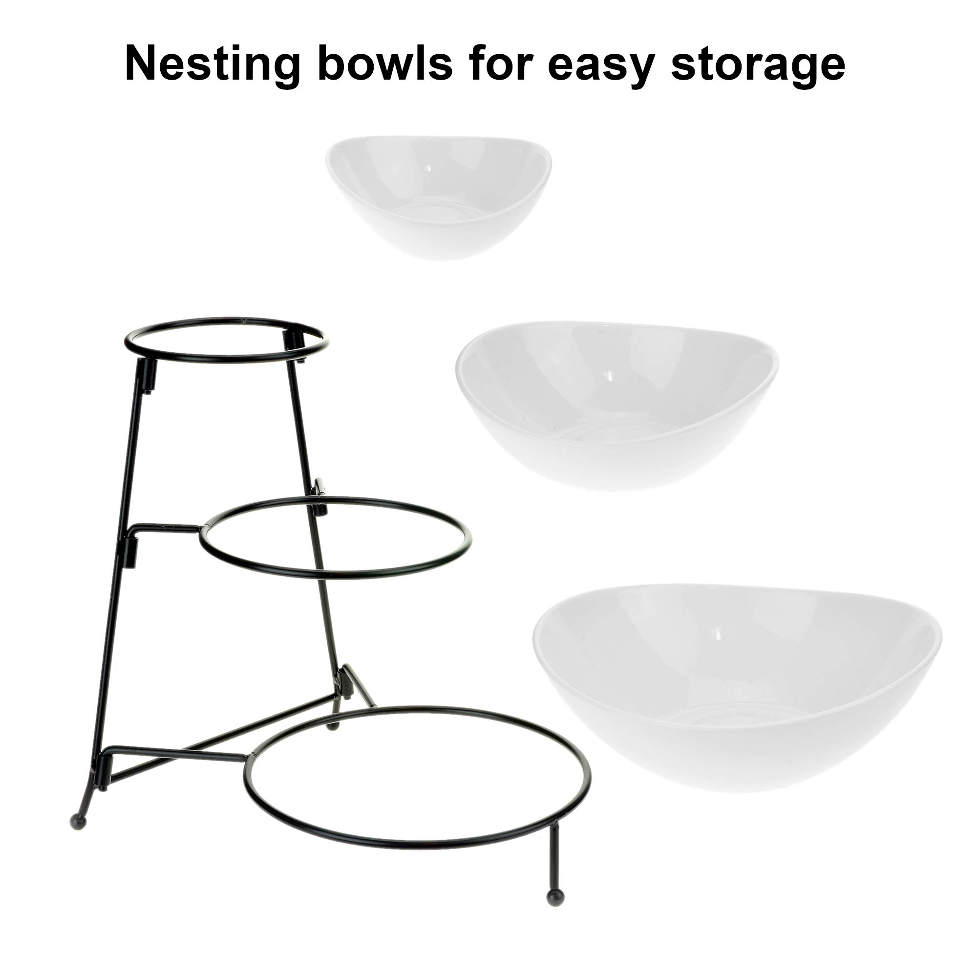 Roe & Moe 3 Tier Serving Stand Ceramic Bowl Set with Metal Rack, Tiered Bowls for Parties Candy Appetizer Dessert Fruit Cake Veggies Chips & Dip