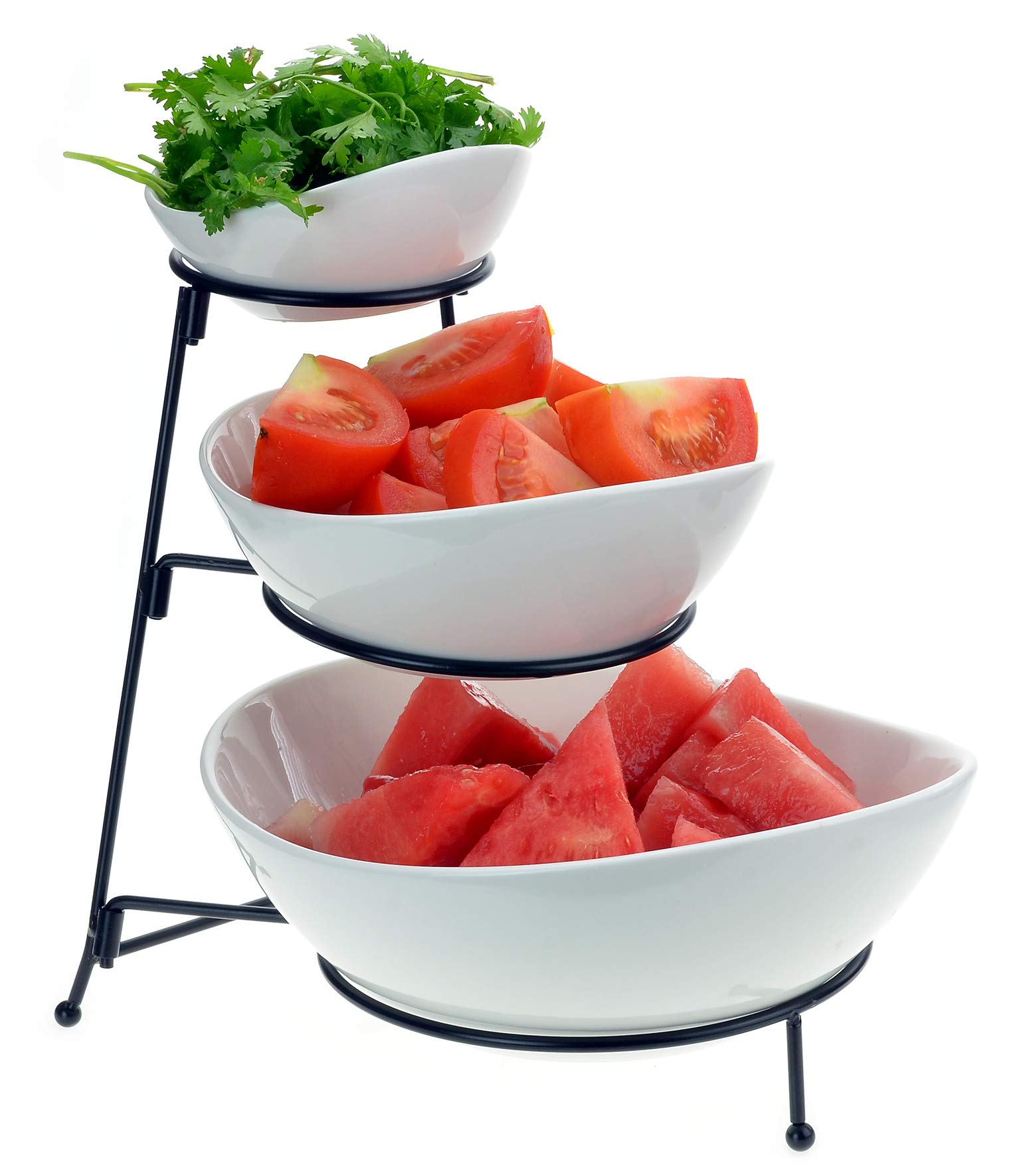 Roe & Moe 3 Tier Serving Stand Ceramic Bowl Set with Metal Rack, Tiered Bowls for Parties Candy Appetizer Dessert Fruit Cake Veggies Chips & Dip