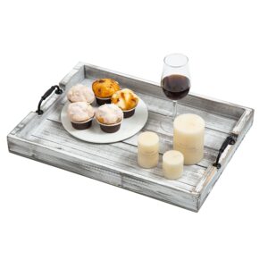 rustic vintage big wood food serving trays with cutout metal handles(20 inches) large nesting board decorative serving trays platter for breakfast in bed, ottoman, coffee table, bbq, party(gray white)