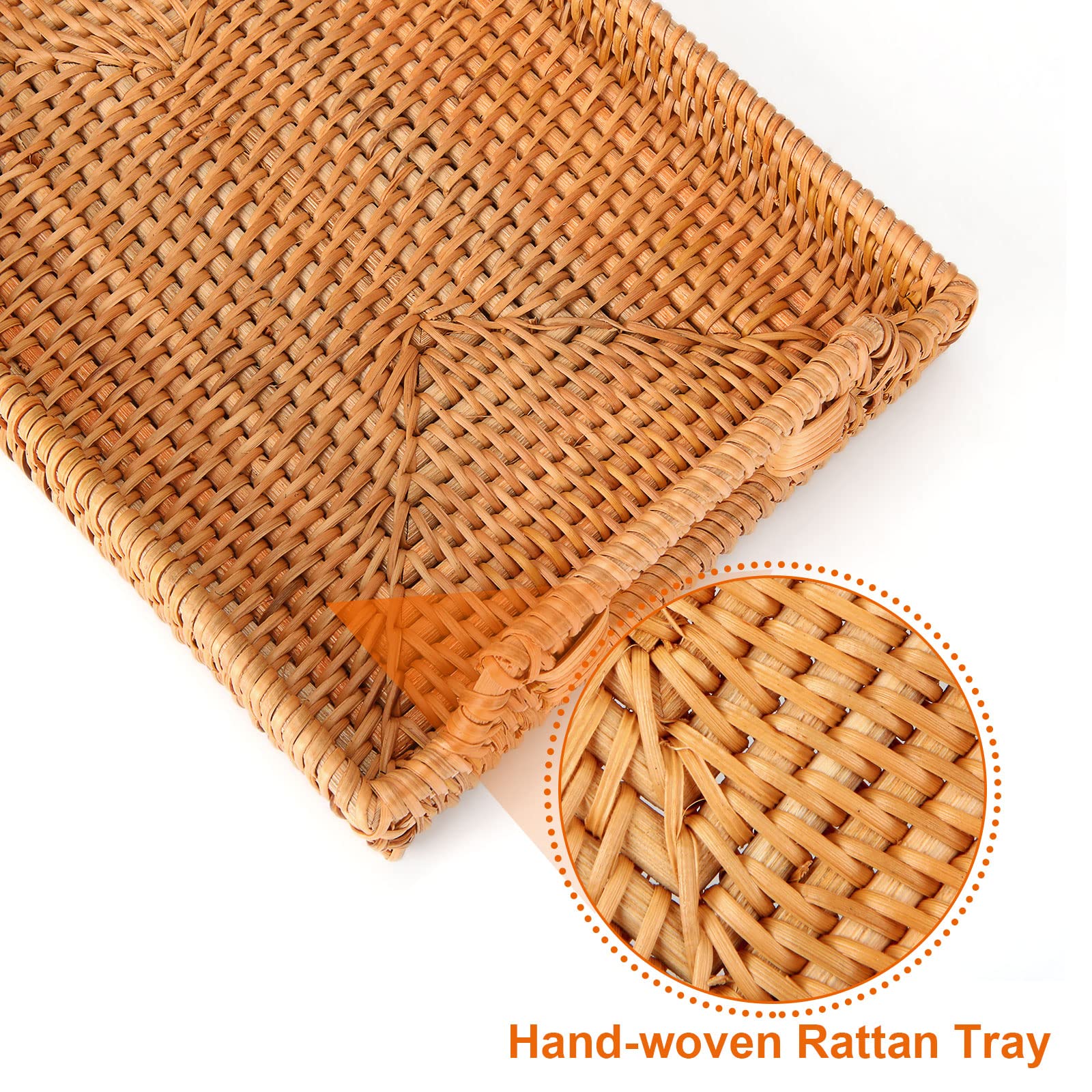 Natural Rattan Serving Tray with Cut-Out Handles, 13x9x1.6inch Hand-Woven Rectangular Rattan Wicker Tray for Storage Breakfast, Drinks, Snack, Fruits, Coffee Table, Home Decor