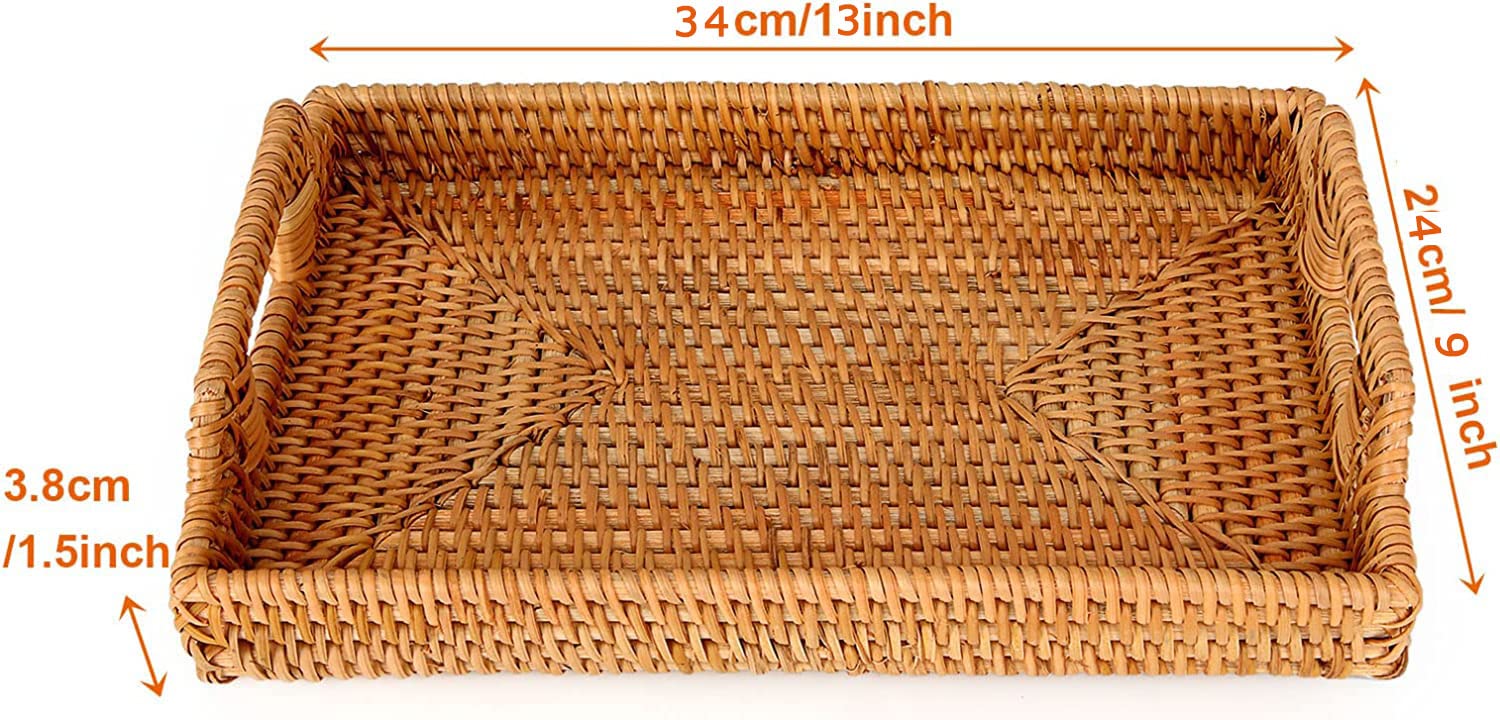 Natural Rattan Serving Tray with Cut-Out Handles, 13x9x1.6inch Hand-Woven Rectangular Rattan Wicker Tray for Storage Breakfast, Drinks, Snack, Fruits, Coffee Table, Home Decor