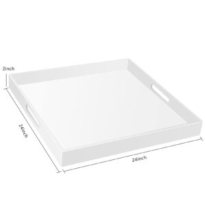 MIKINEE 24×24 Inches Glossy White Acrylic Serving Tray with Handles Extra Large Ottoman Tray Decorative Tray Spill-Proof Coffee Table Space Saver Oversize Counter top Organizer Platter with Safe Edge