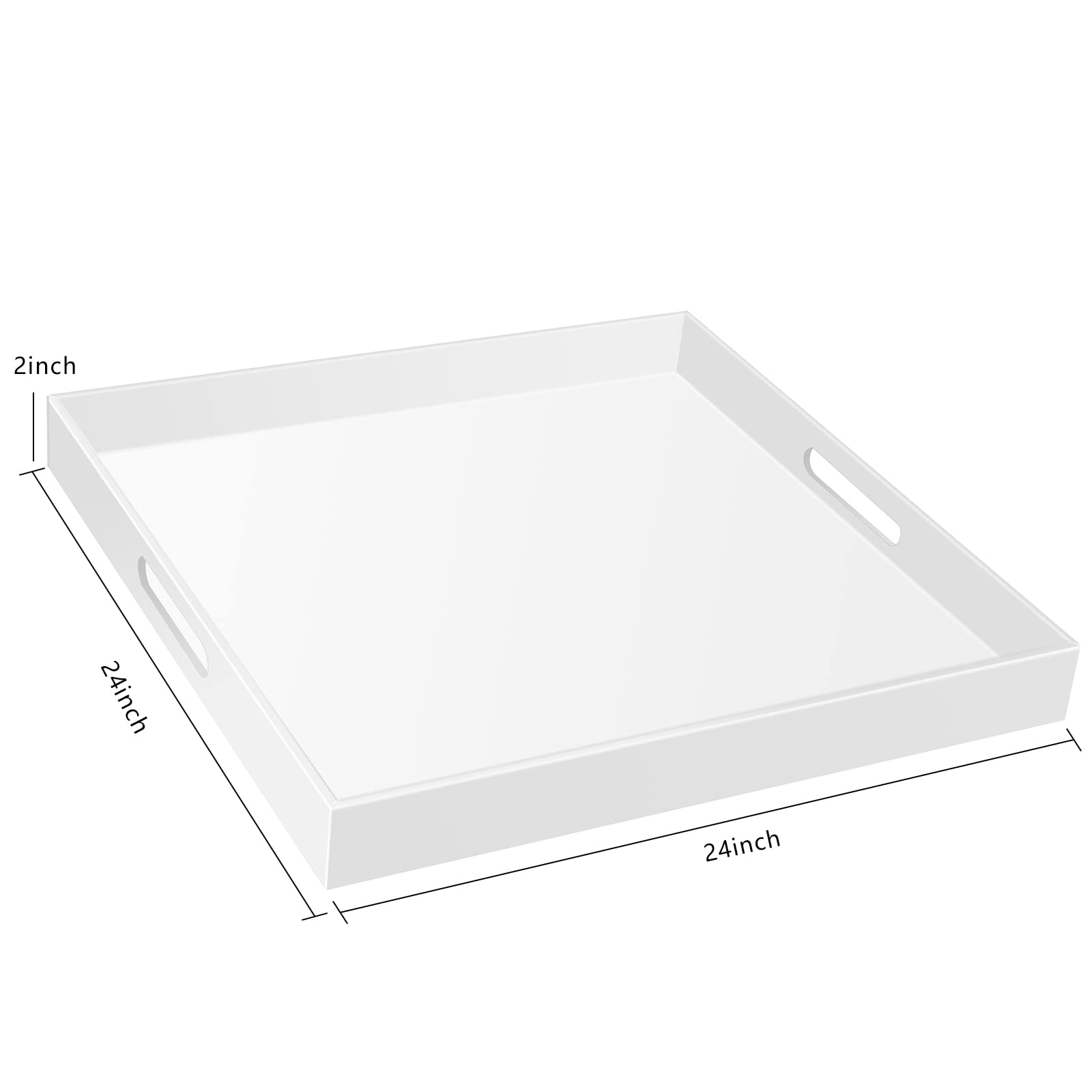 MIKINEE 24×24 Inches Glossy White Acrylic Serving Tray with Handles Extra Large Ottoman Tray Decorative Tray Spill-Proof Coffee Table Space Saver Oversize Counter top Organizer Platter with Safe Edge