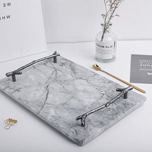 Luxury Marble Tray with Stylish Metal Handles, Vanity Tray for Jewelry Display, Marble Serving Tray, Marble Tray for Kitchen, Counter, Dresser, Nightstand and Desk (Gray with Metal Handles)