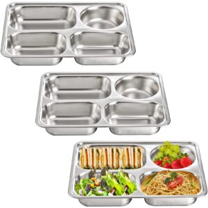 Nicunom 3 Pcs 304 Stainless Steel Divided Plates, Unbreakable 4 Compartment Trays, Divided Dinner Tray, Adults Sections Plate, Compact Serving Platter for Lunches, Portion Control, Camping