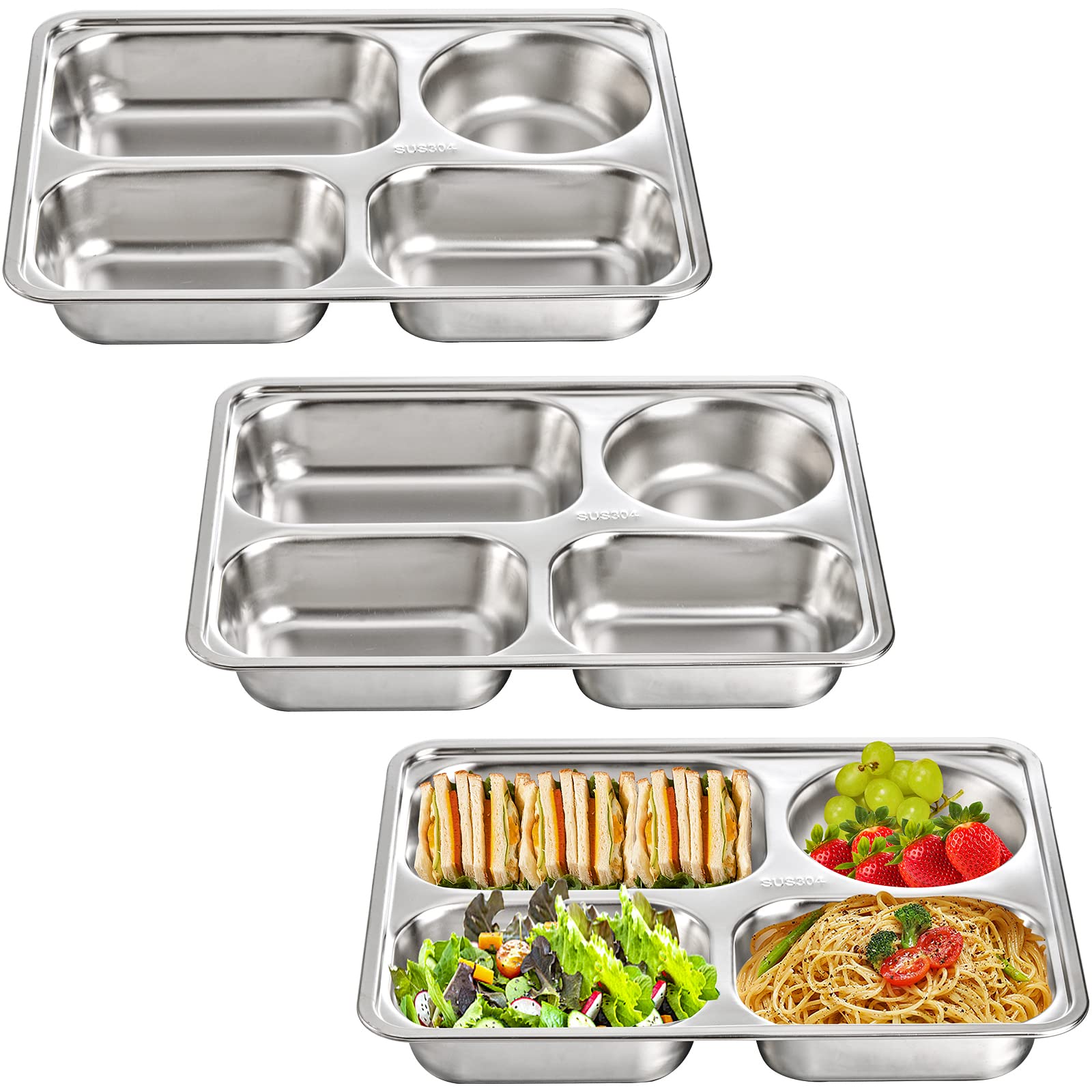 Nicunom 3 Pcs 304 Stainless Steel Divided Plates, Unbreakable 4 Compartment Trays, Divided Dinner Tray, Adults Sections Plate, Compact Serving Platter for Lunches, Portion Control, Camping