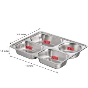 Nicunom 3 Pcs 304 Stainless Steel Divided Plates, Unbreakable 4 Compartment Trays, Divided Dinner Tray, Adults Sections Plate, Compact Serving Platter for Lunches, Portion Control, Camping