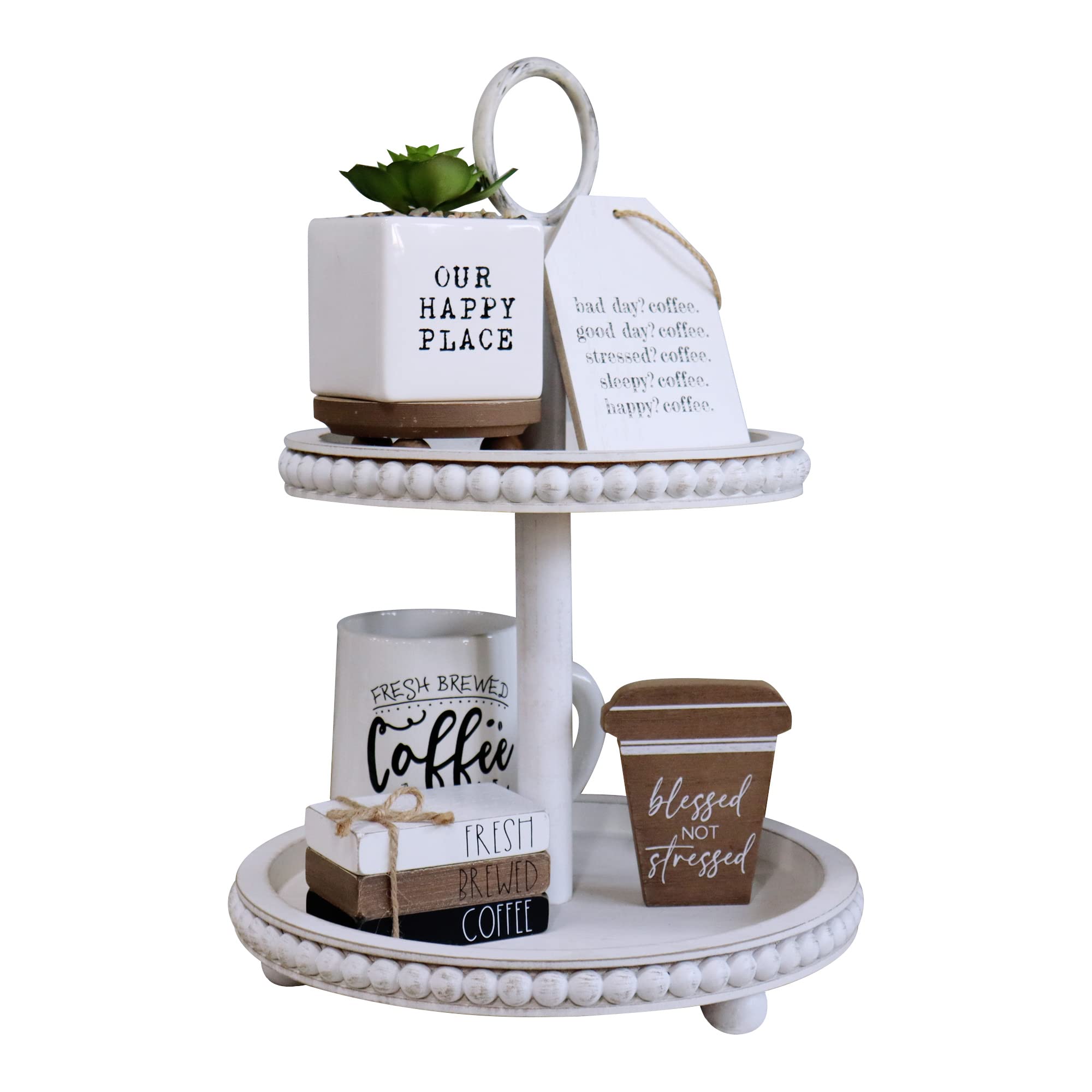 GENMOUS Farmhouse Coffee Tiered Tray Decor Set Mini Items For Coffee Bar Set Up Decor, White Tiered Tray Decorations with Wood Book Stack, Coffee Table Sign, Wood Mini Riser For Coffee Bar Accessories