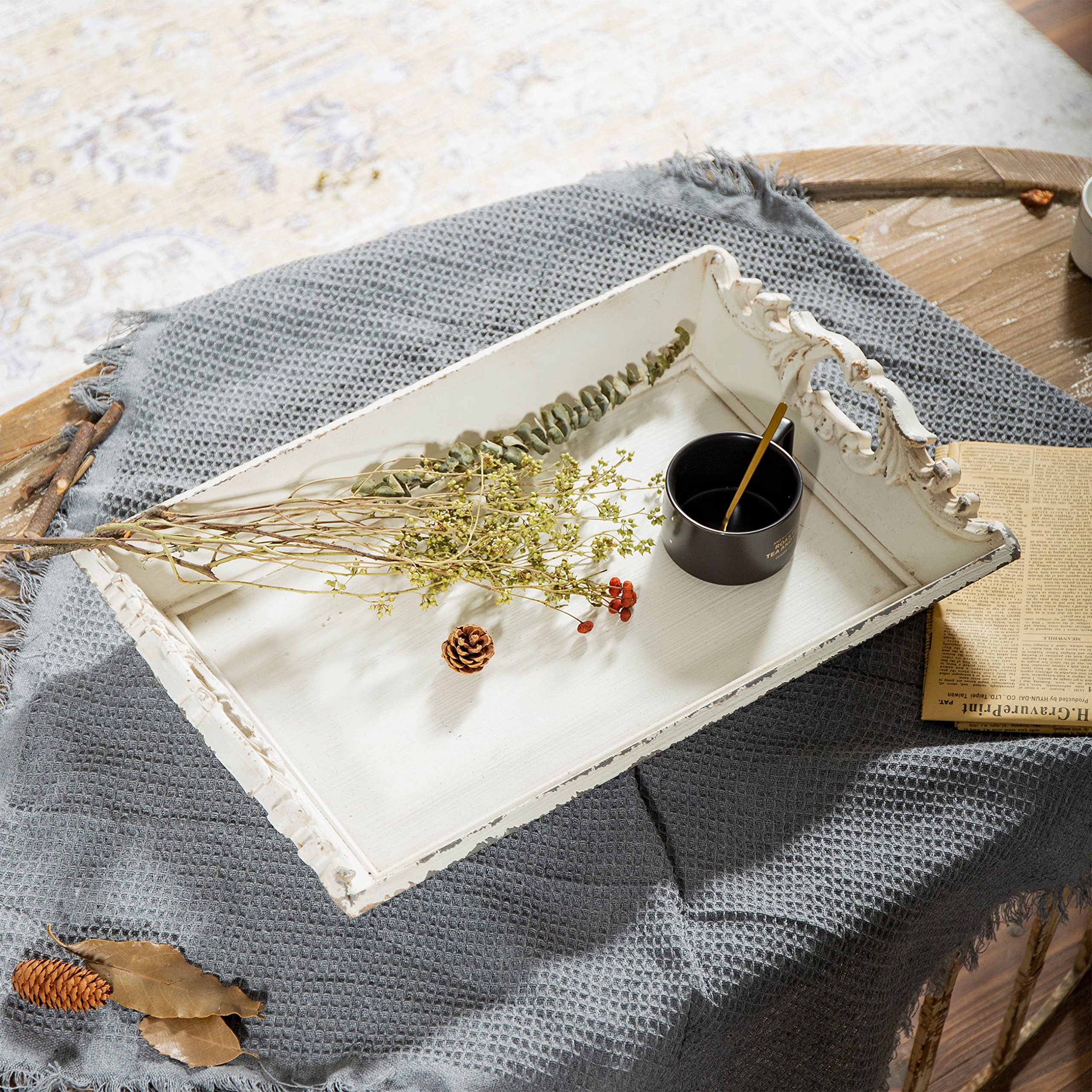 Large Ottoman Tray for Food, Snack, Breakfast in Bed, Unique Rustic Wooden Tray with Handles, Rectangular White Decorative Trays for Coffee Table Dinner Kitchen, Wooden Handcrafted Tea Tray