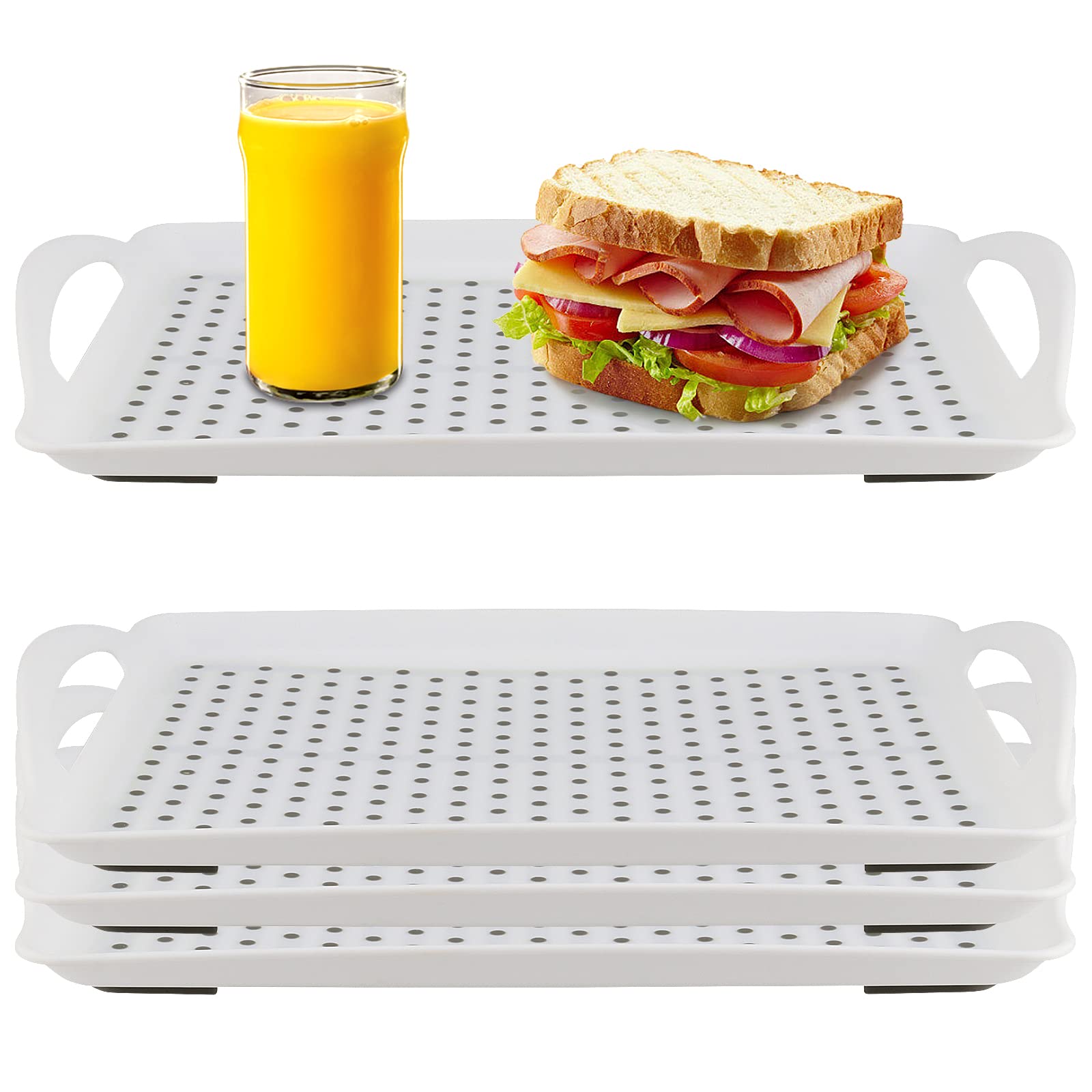 HOIGON 4 Pack 16.5 x 11.4 x 1.6 Inch Anti-Slip Food Serving Tray with Handles, Rectangular Plastic Serving Trays Cafeteria Trays Dinner Trays for Eating On Couch, Bed