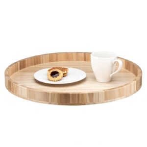 16 Inches Extra Large Solid Wooden Serving Tray Round Tea Coffee Table Tray Snack Food Meals Serving Plate Kitchen Party Bar Server Breakfast Tray with Raised Edges Nature Wood Ottoman Tray