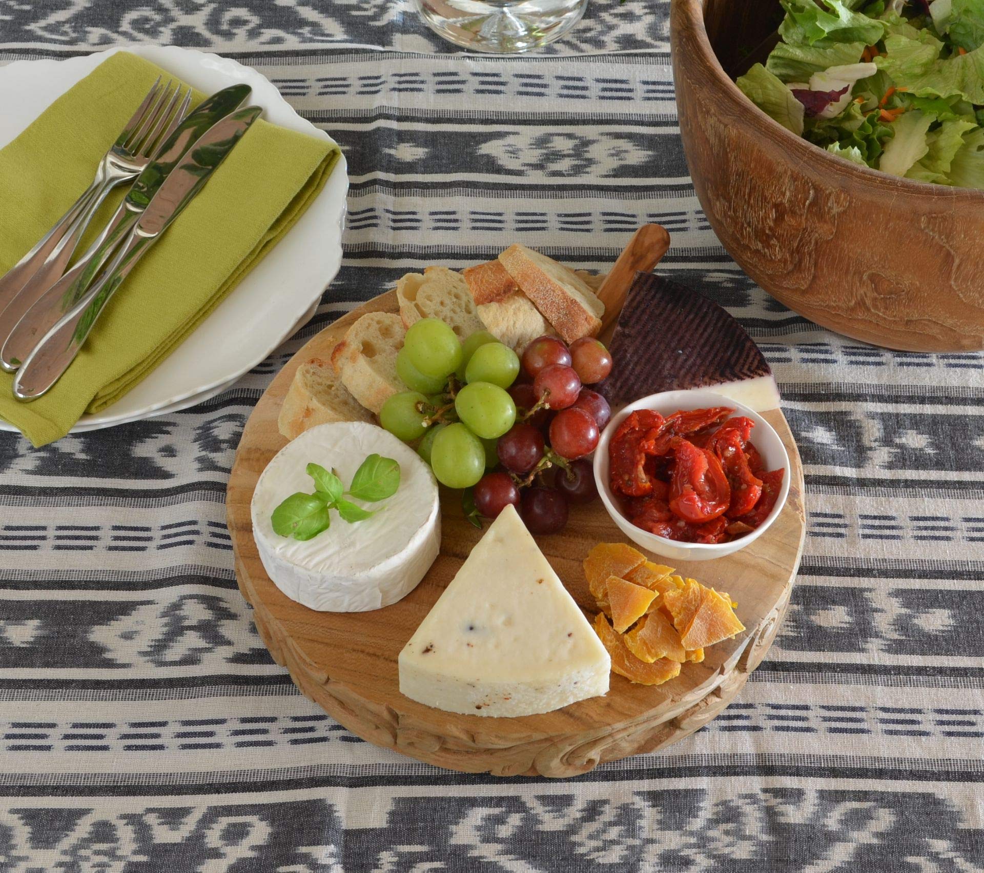 Balian Teak Wood Carved Round Tapas, Meat and Cheese Board or Charger, Natural