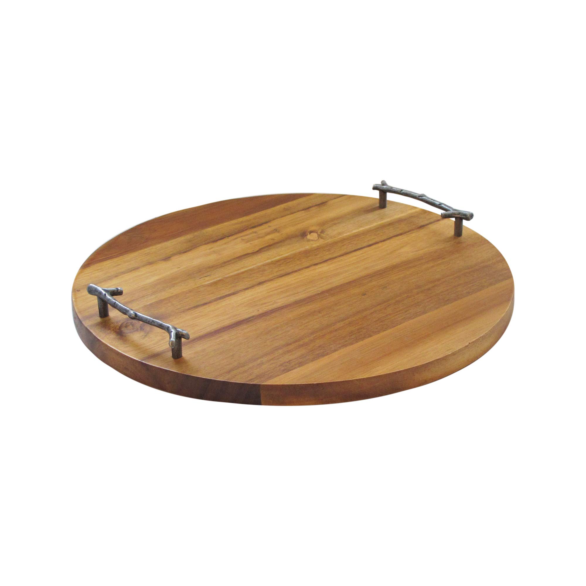 American Atelier Round Wooden Tray - Natural Finish Metal Twig Designed Handles Coffee Tea Dinner Party - Great Centerpiece & Gift Idea, 14.9"