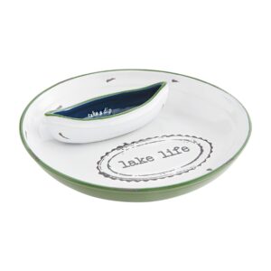 mud pie lake life chip and dip set, white/green, 2" x 10 1/2" dia