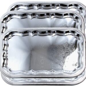 Maro Megastore (Pack of 4) 20.9" x 12.8" Traditional Rectangular Trim Floral Pattern Engraved Catering Chrome Plated Serving Plate Mirror Tray Platter Tableware Holiday Party Serving (Large) T227L-4PK